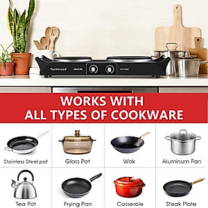 Techwood ES-3203 Hot Plate Electric Double Burner 1800W for Cooking with Adjustable Temperature & Stay Cool Handles, Black Stainless Steel, Compatible for All Cookwares