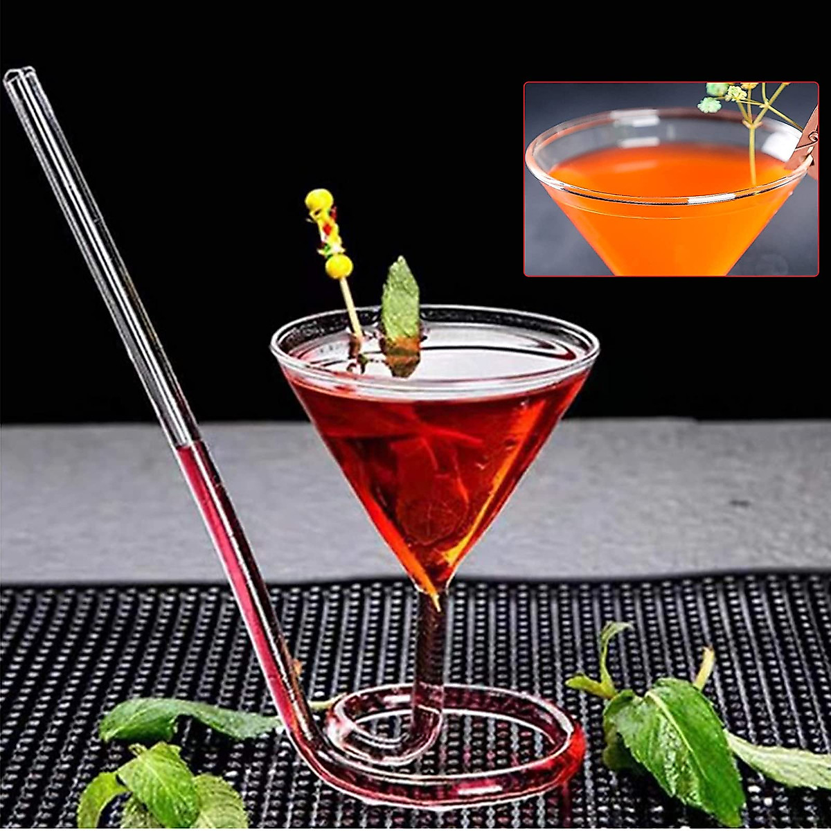 Flykee Straw Spiral Cocktail Glass Revolving Martini Creative Vampire Glass Long Tail Wine Glass Bar Party Transparent Champagne Red Wine Cup Margaret Glasses Goblet
