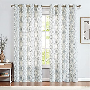 jinchan Linen Textured Curtains for Living Room Embroidered Design Window Curtains Light Filtering Flax Linen Look Window Treatment Set for Bedroom Grommet Top 2 Panels 96 Inch Length Blue