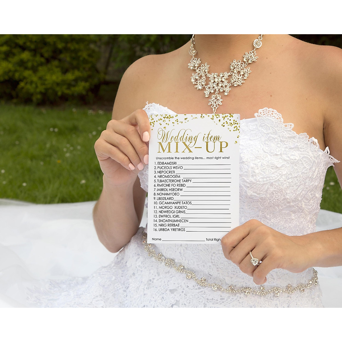 Black and Gold Bridal Shower Word Scramble Game Unscramble Wedding Phrases, Modern Confetti, 4x6 Cards, 25 Guest Pack
