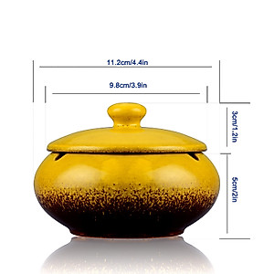 Outdoor Ashtray with Lid & Ceramic Ashtrays for Cigarettes, Round Cute Porcelain Ash Tray Pottery Smoking Holders Indoor Outdoor Patio Home Office Cool Rolling Décor-LAUYOO (Glazed Yellow)