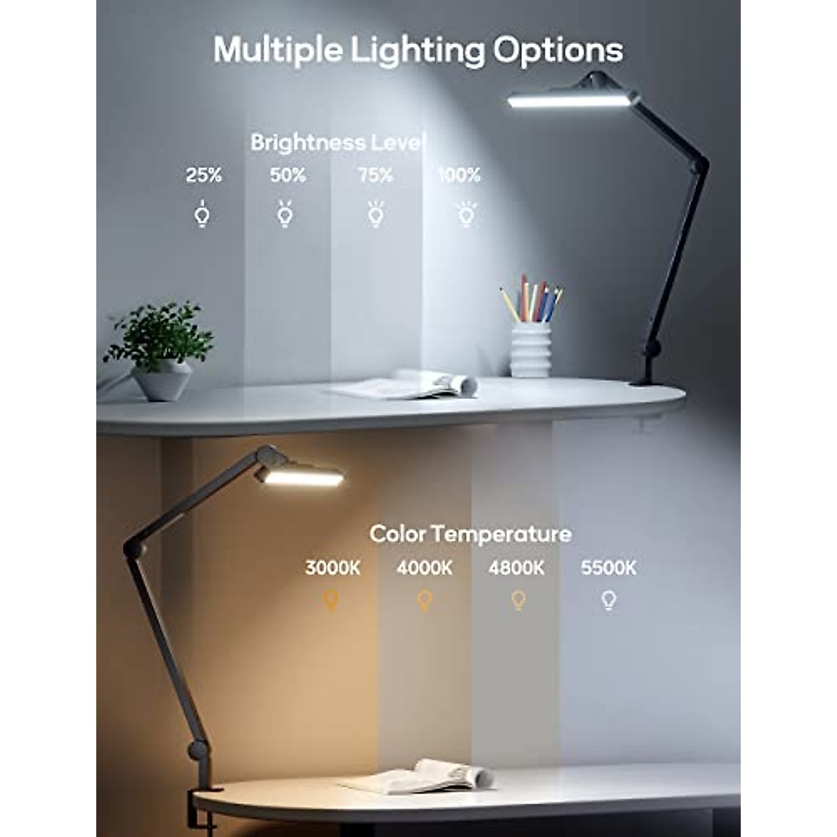 MediAcous LED Desk Lamp, Metal Polarized Architect Clip Light with Gesture Sensing Switch, Eye-Caring Dimmable Swing Arm Desk Lamp with Clamp for Home Office, 4 Color Modes & Brightness Levels