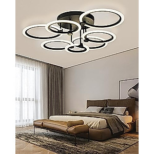 SEABLE Modern LED Ceiling Light 7 Rings Dimmable Ceiling Light Fixtures with Remote Black Close to Ceiling Light 31.8" 130W 3000K-6500K Flush Mount Ceiling Lamp for Living Room,Bedroom,Kitchen