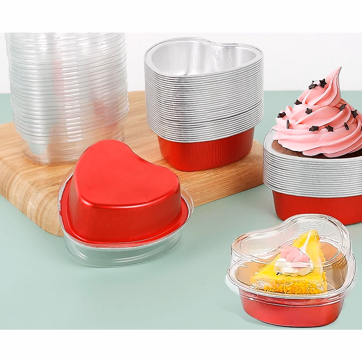 Aluminum Foil Cupcake Cup with Lids (40 Packs,3.4oz) Heart Shaped Cake Pans - Disposable Mini Cupcake Cup Flan Baking Cups for Valentine Mother's Day Wedding Xmas Birthday