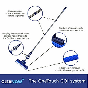 Cleanow OneTouch GO! Floor Cleaner - Floor Mop with Wringing Function - Sponge Mop for Cleaning Floors - PVA Sponge and Stainless Steel Handle
