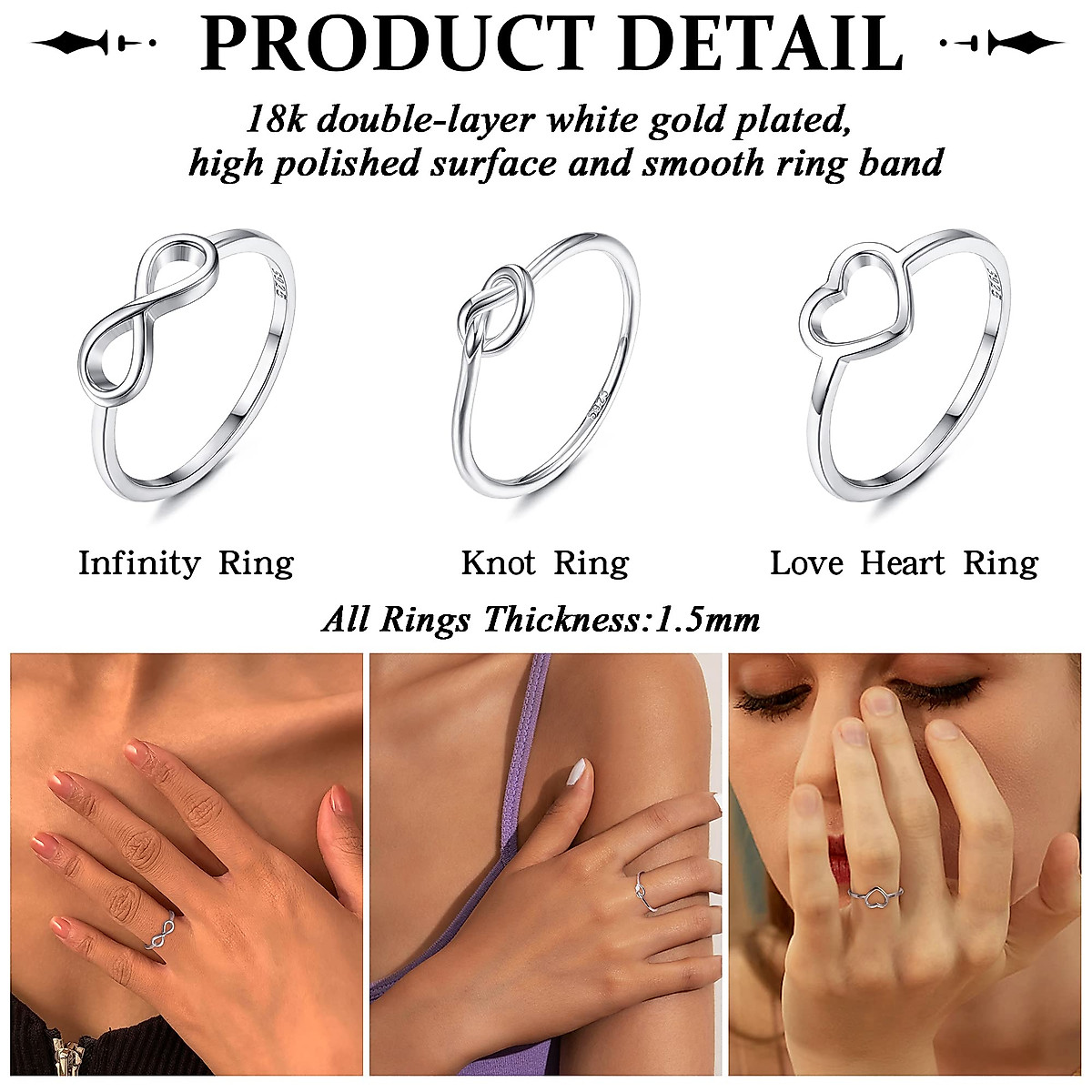 MILACOLATO 3Pcs Sterling Silver Rings - 18K White Gold Plated Infinity Knot Rings Simple Heart Rings Love Knot Rings for Women Size 10