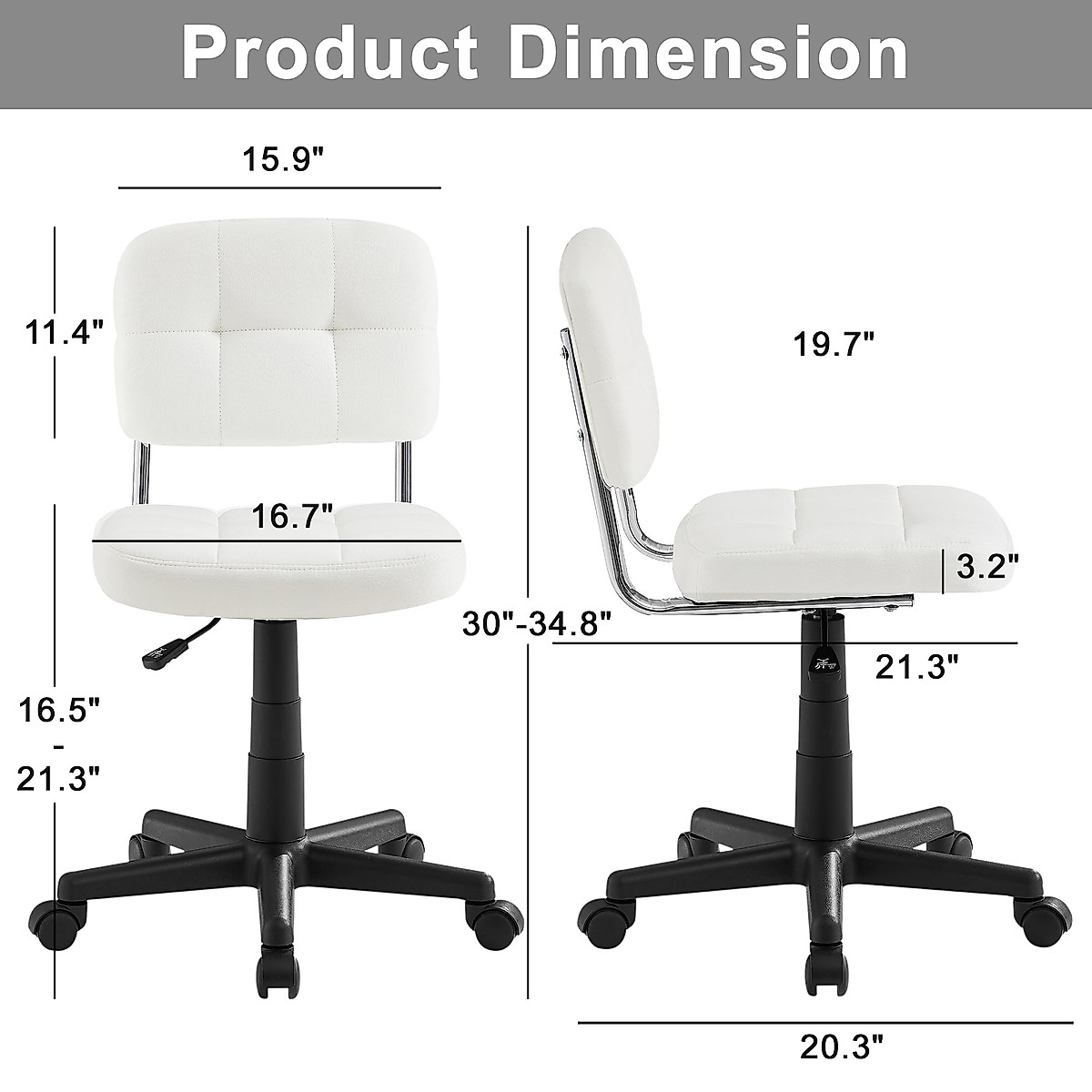 VECELO Modern Armless Home Office Desk Chair, 360°Rolling Swivel Adjustable Height for Make Up/Bed Room/Small Space, Linen Fabric, White