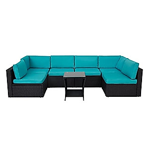 Kinsunny 7 PCS Patio Furniture Sets Conversation Sets - Outdoor Sets Sectional Sofa Set with Tea Table and Washable Blue Cushions, PE Black Rattan Sofa for Backyard/Pool