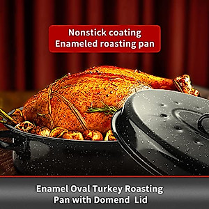 JY COOKMENT 15.7" Enameled Oval Roaster with Domed Lid - For Turkey, Chicken, Ham, Dishwasher Safe