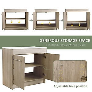 QuixotYDDZ 36" Bathroom Vanity with Sink, Freestanding Bathroom Sink Vanity with White Gel Basin Sink Top, Bathroom Storage Cabinet with 1 Adjustable Shelf for Small Space, White Oak