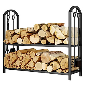 Fire Beauty Fireplace Firewood Log Rack 5-Piece Storage Logs Holder with Tools Set with 4 Tools Set Fireside Holders Wood Lumber Storage Stacking Black