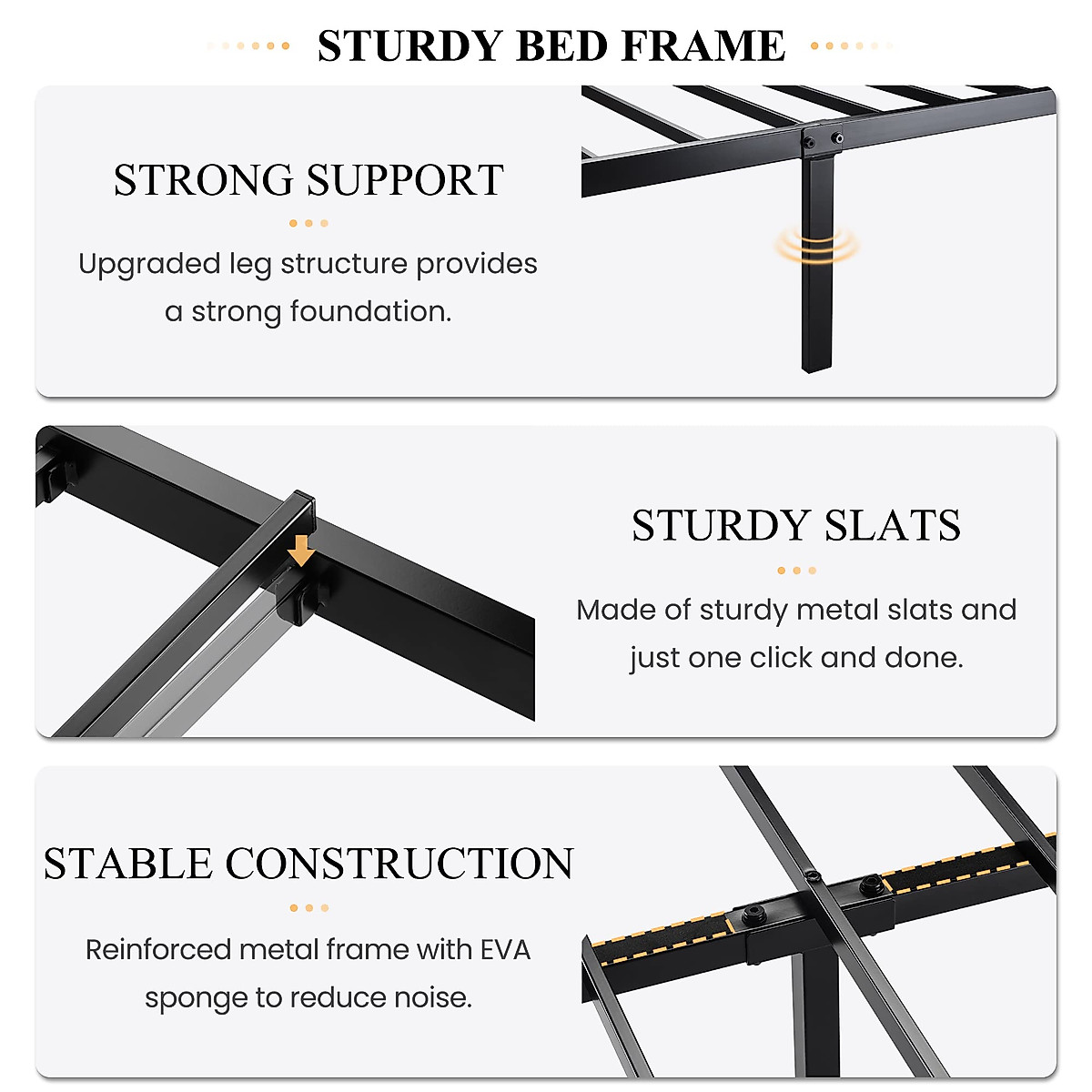 SHA CERLIN Modern Full Size Metal Bed Frame with Litchi Grain Leather Upholstered Headboard, No Box Spring Needed, 12.4" Underbed Storage, Black