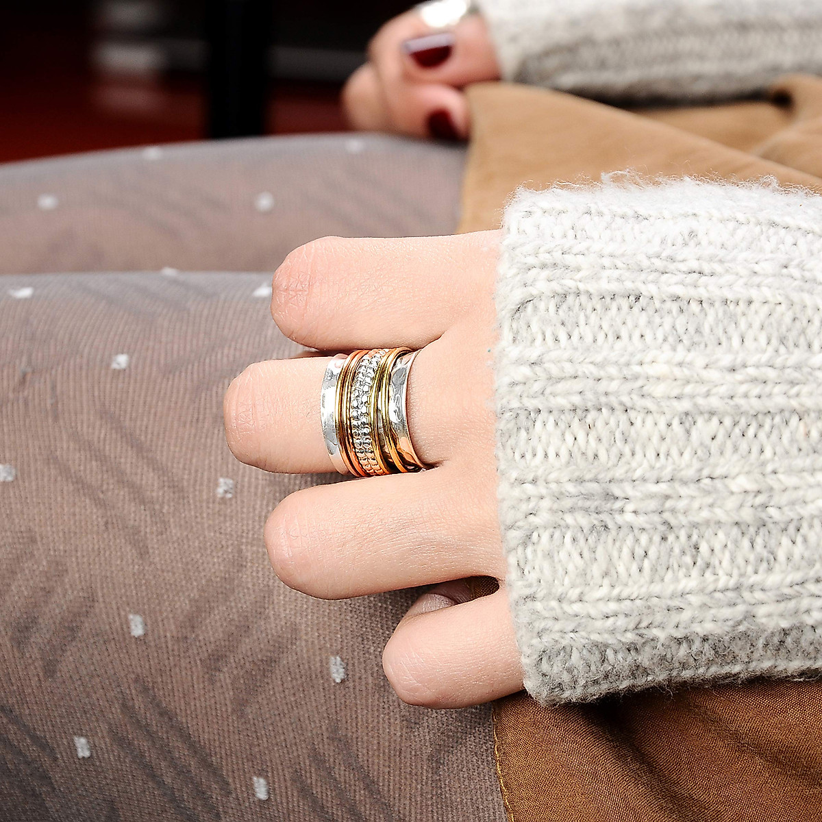 Boho-Magic 925 Sterling Silver Spinner Ring with Brass and Copper Fidget Rings for Women Wide Band (10)