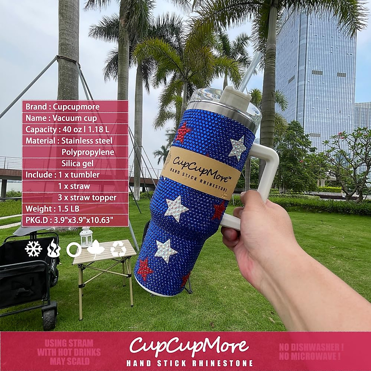 Cupcupmore 40oz Blue Star Bling Rhinestone Stainless Steel Sippy Tumbler Glitter Vacuum Insulated Water Bottle with Straw & Lid &Handle,Thermos for Hot & Cold Drinks,Car Cup Holder,Coffee