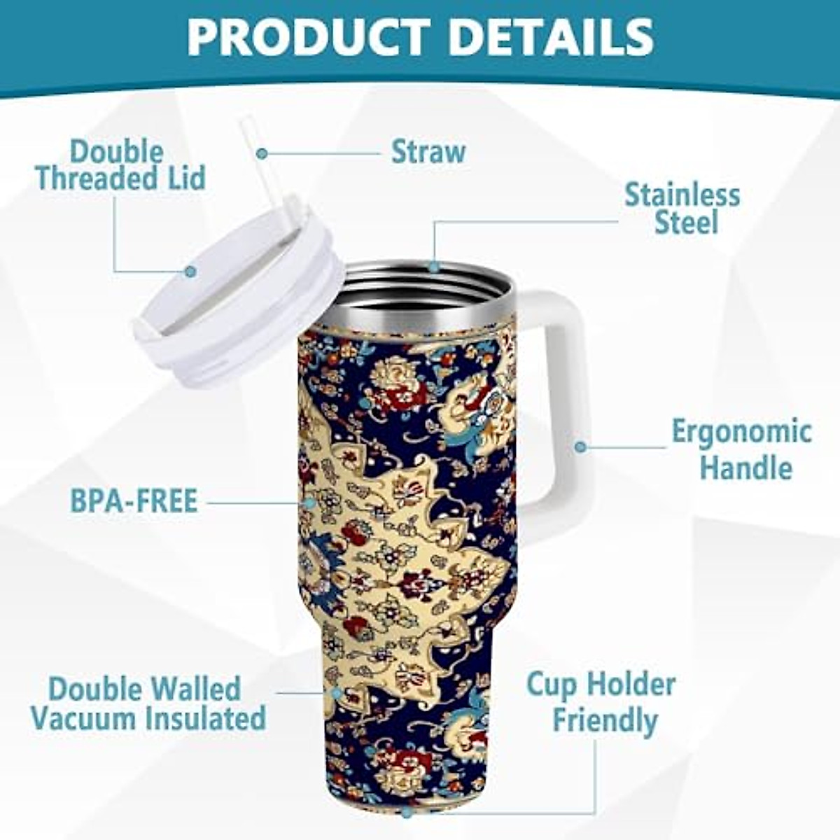 Jihqo Baroque Style Flowers 40 oz Stainless Steel Vacuum Insulated Tumbler with Handle and Straw Lid, Leakproof Water Bottle Double Wall Travel Mug Coffee Cup, Cupholder Friendly