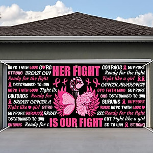 Avezano Breast Cancer Awareness Garage Door Banner 6x13Ft Her Fight is Our Fight October Breast Cancer Decoration Pink Ribbon Butterfly Powerful Fist Backdrop Outdoor Decor (157.48" L x 72.83" W)