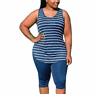 VKVKA Women's Plus Size Stripe Sets - Tank T-Shirt Tops + Elastic Shorts 2 Piece Casual Sportswear