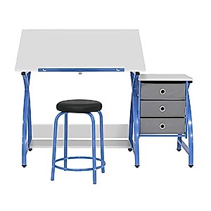 SD STUDIO DESIGNS 2 Piece Comet Center Plus, Craft Table and Matching Stool Set with Storage and Adjustable Top, 50"W x 23.75"D x 29.5"H, Blue/White