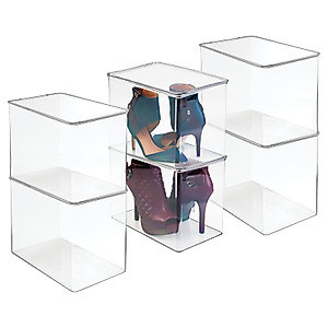 mDesign Stackable Plastic Closet Storage Container Shoebox with Hinge Lid - Individual Transparent Storage Organizer Containers for Shoes - Ligne Collection, 6 Pack, Clear
