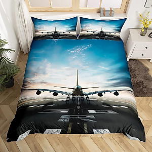 Kids Boys Airplane Duvet Cover Twin Blue Sky Aviation Aircraft Runway Bedding Set 3D Print Luxury Microfiber Modern Airplane Pattern Comforter Cover for Men Cool Bedspread Cover with 1 Pillow Sham