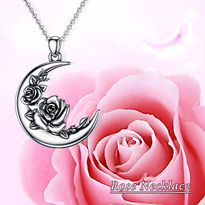SIMONLY Valentines Day Gifts Sterling Silver Moon Crescent Shape Rose Flower Pendant Necklace Gothic Rose Necklace for Women