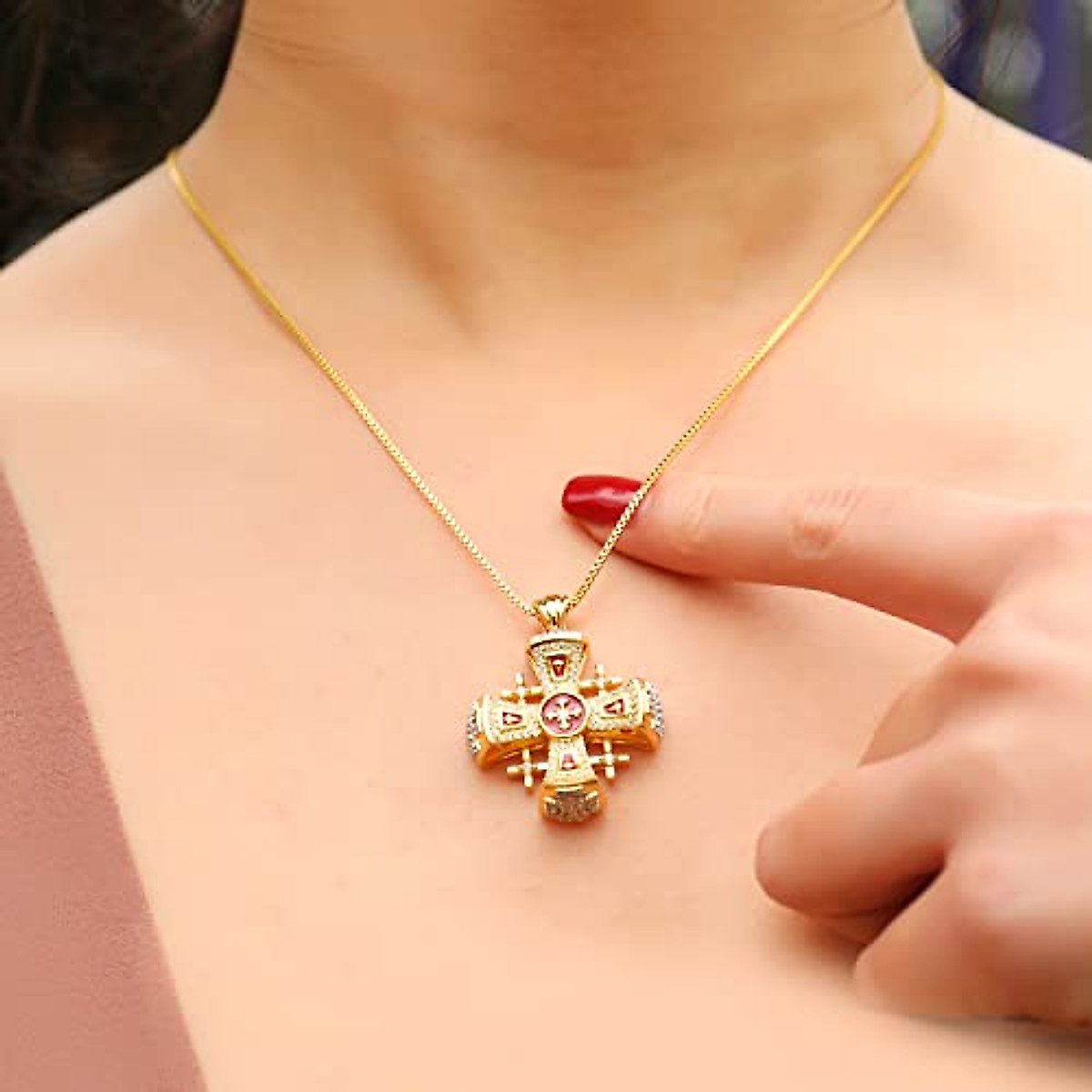 Nazareth Store Crusaders Jerusalem Cross Pendant Necklace Gold Plating 18k Enamel Crystallized Stones 1.3" (Red)