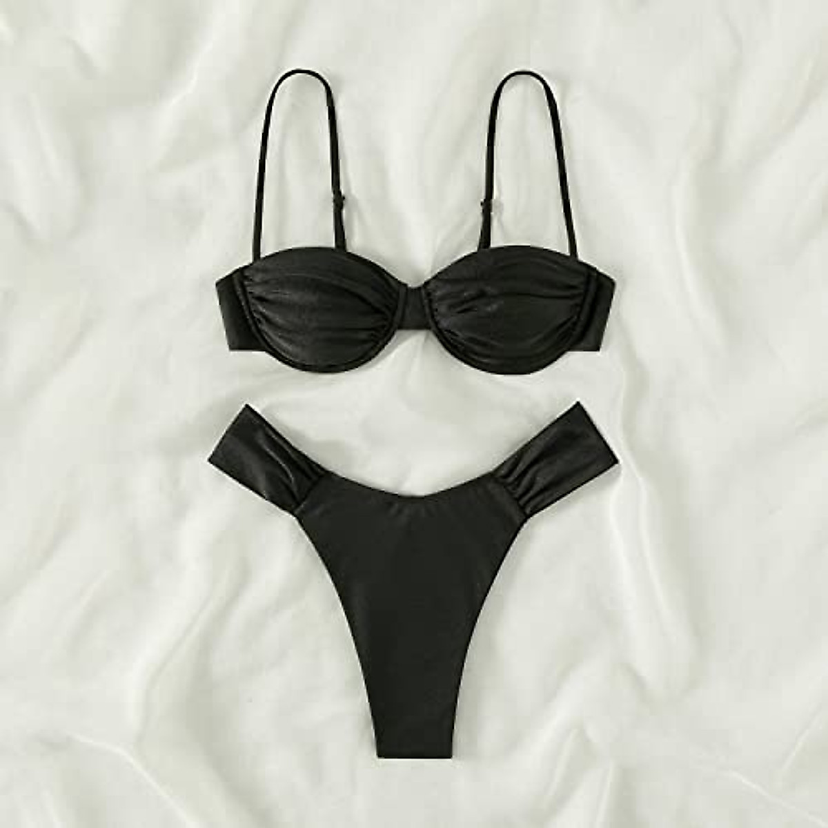 Hatant Bikini Sets for Women Two Piece Swimsuit High Waisted Bikini Adjustable Swim Suit Spaghetti Straps Bathing Suit Pleated Women Sexy Athletic Sports Swimsuit HS-M A-black