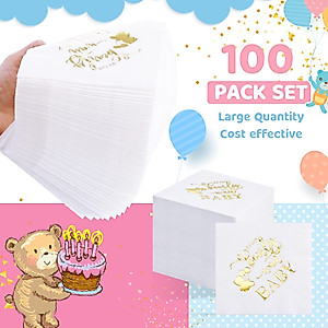 Crtiin 100 Pcs We Can Bearly Wait Baby Shower Napkins, Baby Shower Decorations for Boy, Bear Favors Napkins Cocktail Dessert Disposable Napkin Paper for Boy or Girl Party Supplies, White Gold