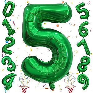 40 Inch Dark Green 5 Number Balloons, Large Foil Self Inflating 5th Birthday Number Balloon, 0-9 Set Number Ballons for Girls Men 25th 35th Birtyday Party Anniversary Jungle Decorations Supplies