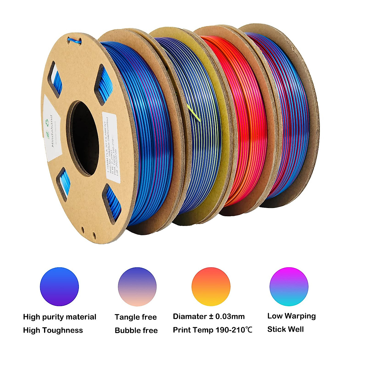 Mindahand Dual Color Pla Filament, 3D Printer Filament Bundle Silk PLA Filament 1.75mm Multicolor Pla Filament Cardboard Spool 4x250g