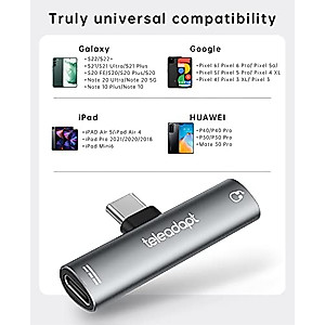 Teleadapt USB C to 3.5mm Headphone Audio and Charger Adapter, 2-in-1 USB C to Aux Mic Jack Adapter with PD 60W Fast Charging for Stereo, Hi-Res DAC, Compatible with Galaxy S20/ S21/NoteS20, Pixel 2/3