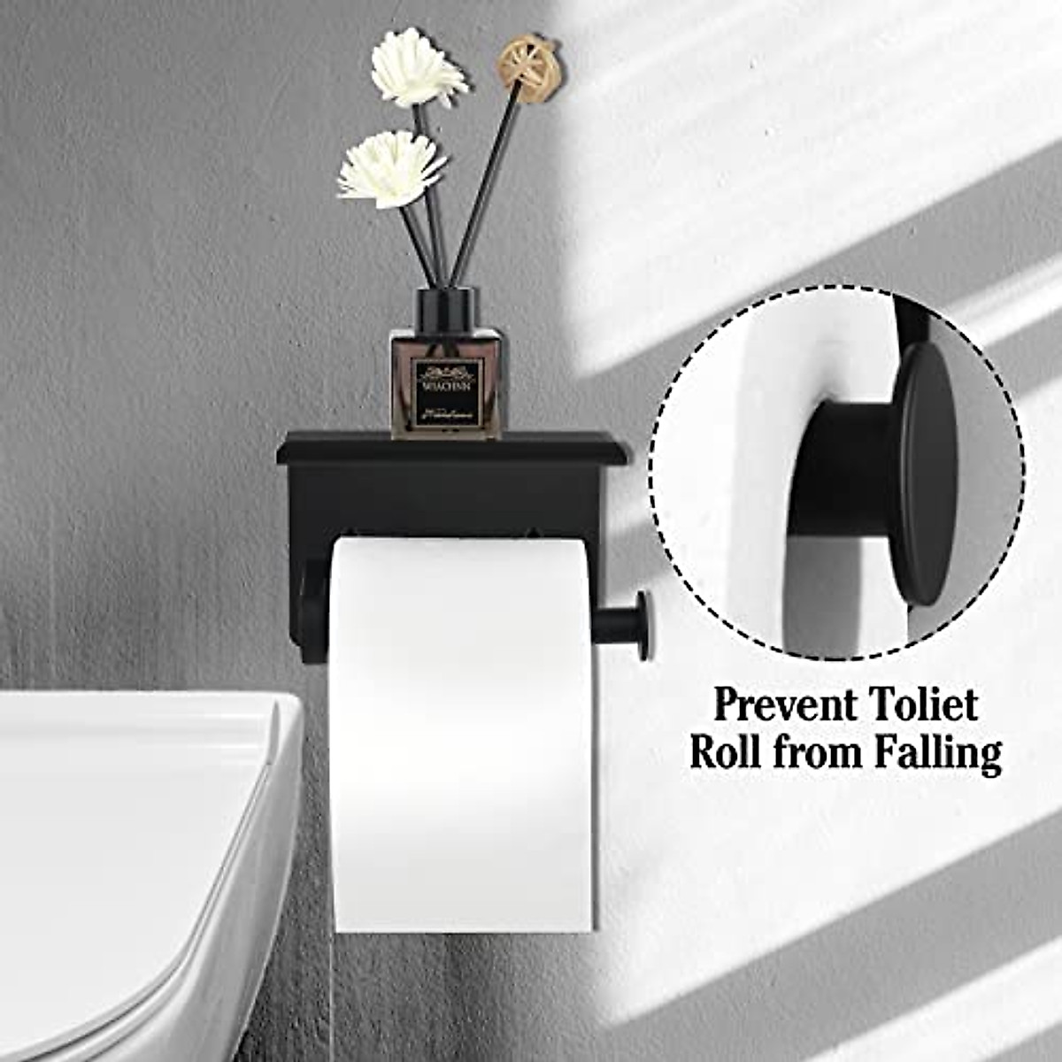 Toilet Paper Holder, Matte Black Toilet Paper Holder with Shelf,Screw or Self Adhesive Toilet Paper Holder Wall Mount,SUS304 Bathroom Toilet Paper Holder,Toilet Paper Roll Holder for Bathroom,Washroom