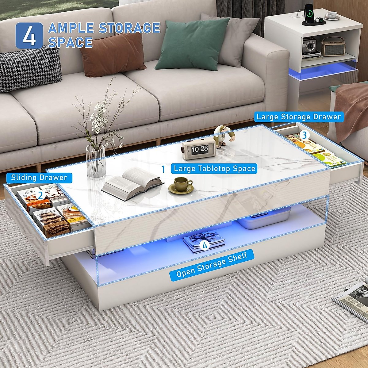 chartustriable 47inch Large High-Glossy LED Coffee Table with 2 Sliding Drawers, Living Room Storage Tables with Marbling Print, Modern Stylish Double-Layer Center Tables w/LED Lights, White