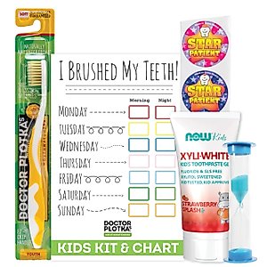 MOUTHWATCHERS Kids Toothbrushing Kit: Toothbrush for Kids, 3oz Kids Strawberry Fluoride Free Toothpaste, Dry Erase Checkboard, Timer, Stickers, Manual Flossing Toothbrushes Gift Set,by Dr. Plotka's