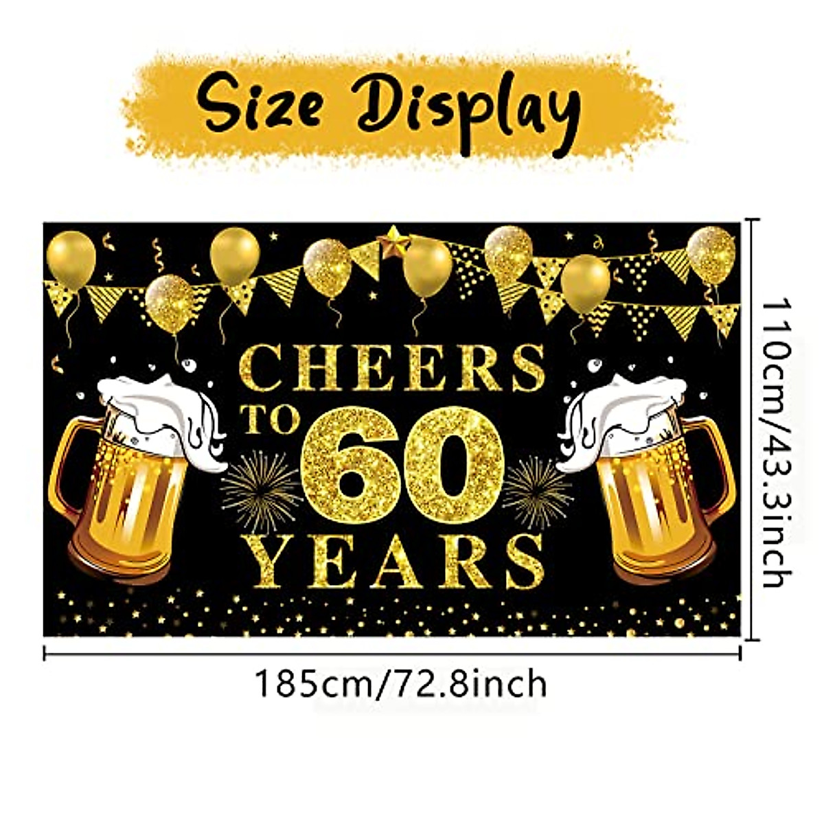 Large Cheers to 60 Years Banner Backdrop, Black Gold Happy 60th Birthday Decorations, 60 Anniversary Photo Background Poster Sign Party Supplies(72.8 x 43.3 inch)