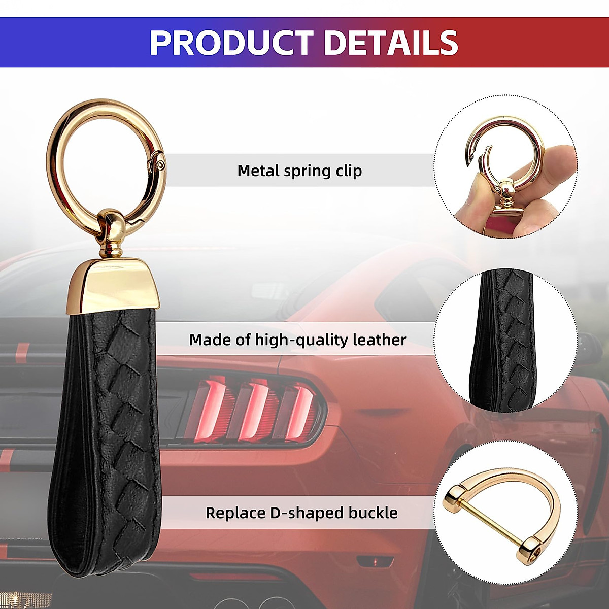 NTNEV Genuine Leather Car Keychain, Universal Car Key FOB Keychain, handmade knitted car key chain, 360 Degree Rotating with Anti-Lost D-Ring, 2 Key Rings and 1 Screwdriver, Unisex-Black