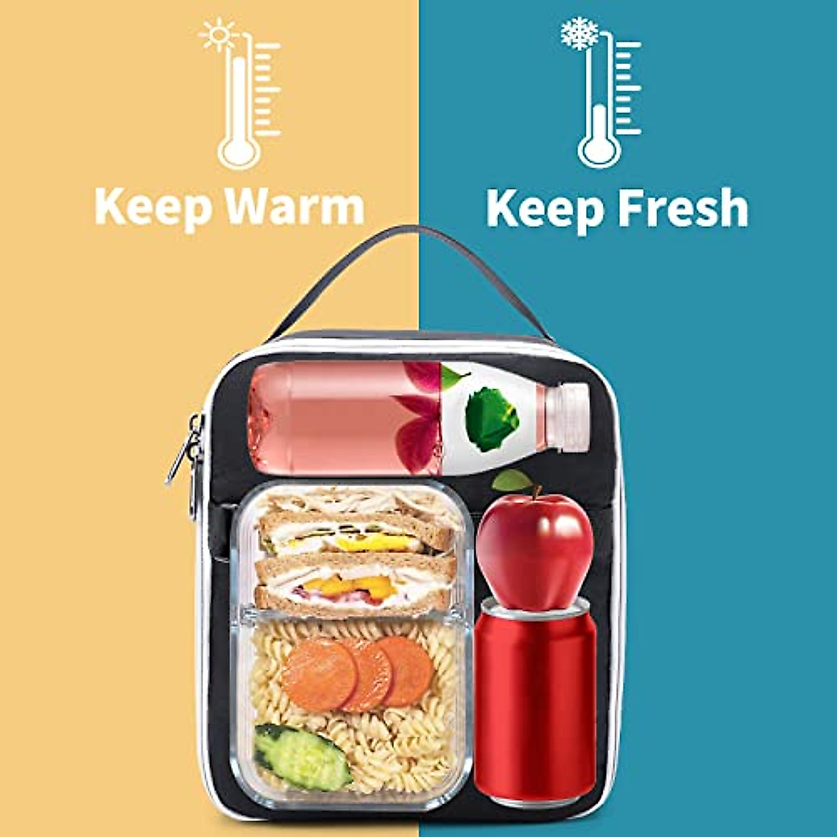 Insulated Lunch Bag for Women Men Work Lunch Pail Cooler, Reusable Thermal Soft Leakproof Lunch Box for Adult Office Lunch Tote Bag Fit Travel Picnic (Black)