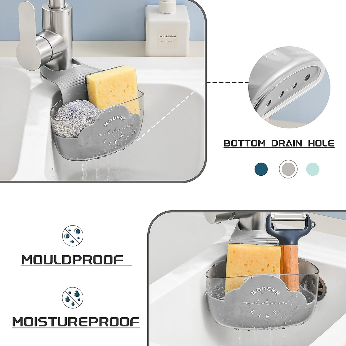 Sponge Holder Sink Caddy for Kitchen Organization with 30 pcs Disposable Mesh Sink Strainer Bags, Hanging Kitchen Adjustable Strap Faucet Caddy (2 Pack) (Grey, 2)