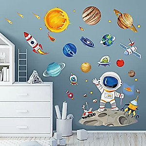 wondever Outer Space Astronaut Wall Stickers Planets Rocket Peel and Stick Wall Art Decals for Baby Nursery Kids Bedroom Playroom