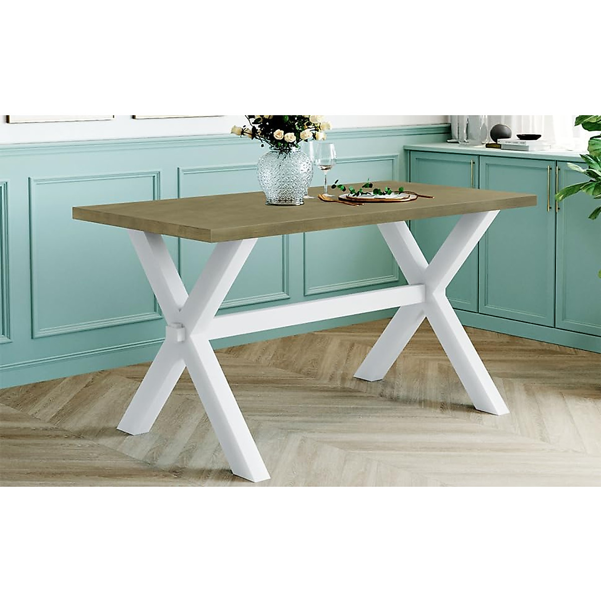 TARTOP 45.5 Inches Rustic Farmhouse, Wood Kitchen Room X-Shape Legs, Rectangle 4-6, Easy to Assemble, Gray Green+_White, Round Extendable Dining Table, Espresso