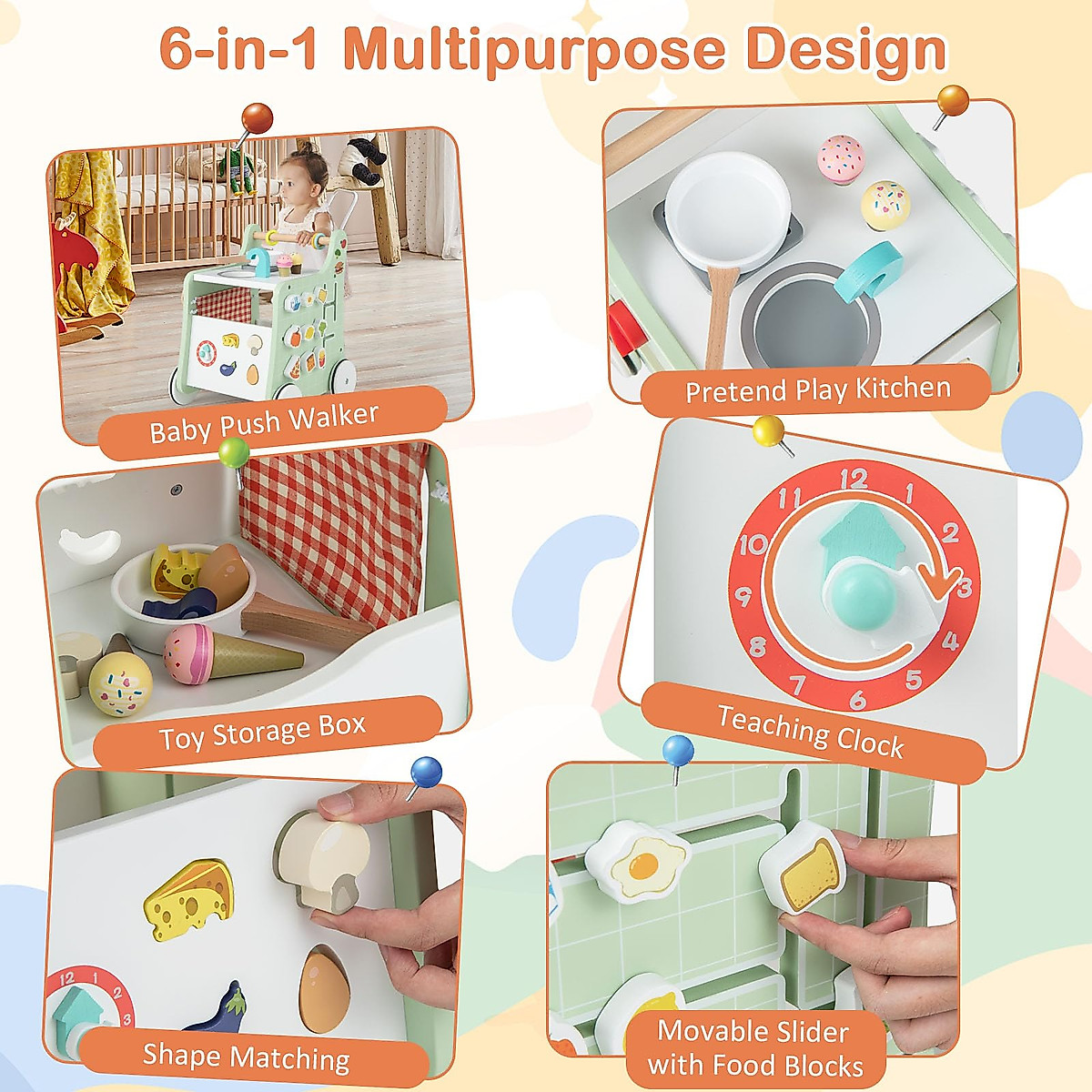 HONEY JOY Baby Push Walker, 6-in-1 Wooden Play Kitchen Walker Activity Center w/Shape Sorter, Develop Motor Skills & Creativity, Push Toys for Babies Learning to Walk, Gift for Boys and Girls