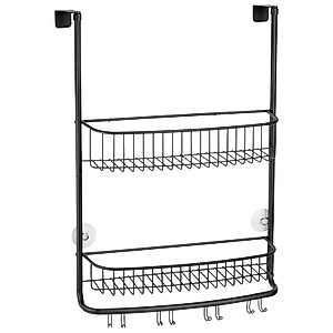mDesign Extra Wide Stainless Steel Bath/Shower Over Door Caddy, Hanging Storage Organizer 2-Tier Rack with Hook and Basket, Holder for Soap, Shampoo, Loofah, Body Wash, Omni Collection, Black