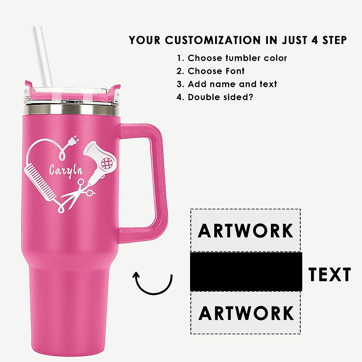 LifGif Hairdresser Heart Personalized Tumbler 40 oz Laser Engraved, Insulated Cup with Handle, Lid and Straw, Custom Tumbler Hair Stylist Graduation Gift for Women Friend Stainless Steel Coffee Cup