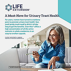 Life Extension Cran-Max 500mg Cranberry Whole Fruit Concentrate Promotes a Healthy Urinary Tract - Powerful Antioxidant - Gluten-Free, Vegetarian, Non-GMO – 60 Vegetarian Capsules