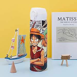 CNEISEJK Anime Piece Water Bottle, 16.9oz Vacuum Insulated Luffy Zoro Stainless Steel Cup Thermoses with Locking Cover Leak-Proof Design, 500ML, Orange