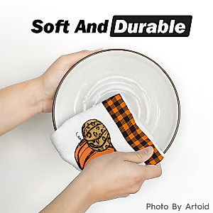 Artoid Mode Black White Buffalo Plaid Hello Pumpkin Fall Kitchen Towels Dish Towels, 18x26 Inch Seasonal Decoration Hand Towels Set of 2