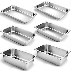 6 Pack Stainless Steel Steam Table Pan Full Size Hotel Pans 20.8"L x 12.8"W Commercial Food Pan Catering Food Pan for Hotel Canteen Restaurant Office Cafeteria Family Events, 3 Diverse Depths