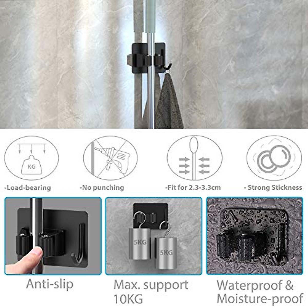 HOMEASY Mop Broom Holder No Drill SUS304 Stainless Steel, Mop Broom Organizer Wall Mounted Heavy Duty with Hooks Hanger, Storage Rack Self Adhesive 4Pcs for Bathroom, Kitchen, Office, Black