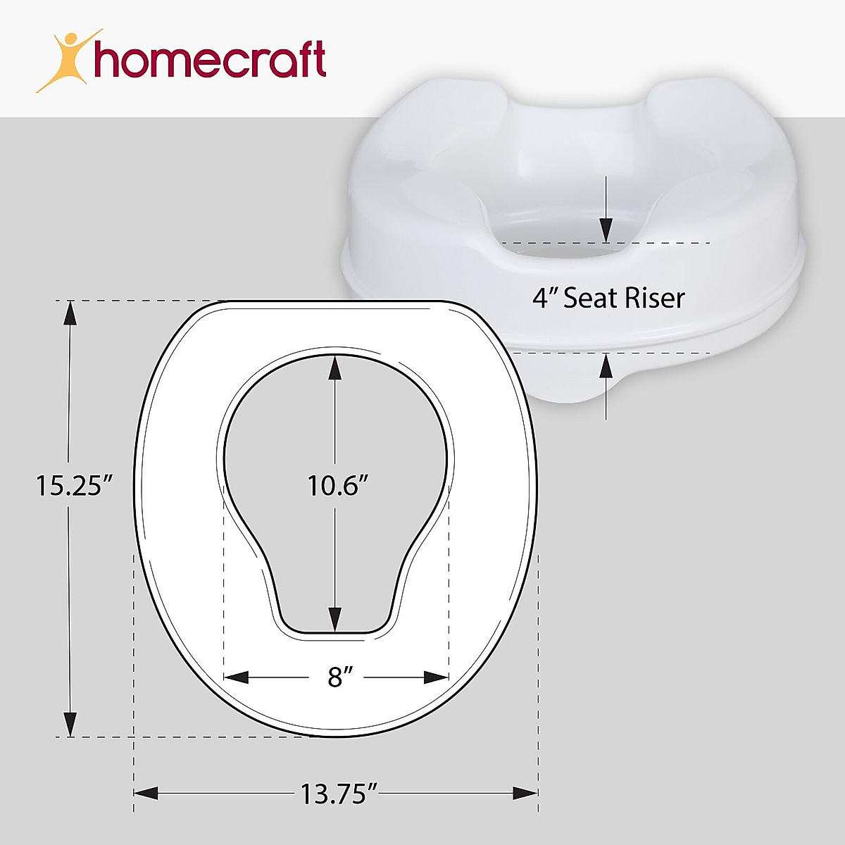 Homecraft Savanah Raised Toilet Seat, 4" High Elevated Toilet Seat Locks Onto Standard Toilets, Portable Assistance Commode Seat with Sturdy Brackets, Medical Aid for Elderly, Disabled, Limited Mobility