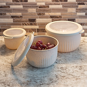 Classic Cuisine Set of 3 Bowls with Lids - Microwave, Freezer, and Fridge Safe Nesting Mixing Bowls - Eco-Conscious Kitchen Essentials (Beige), S, M, L